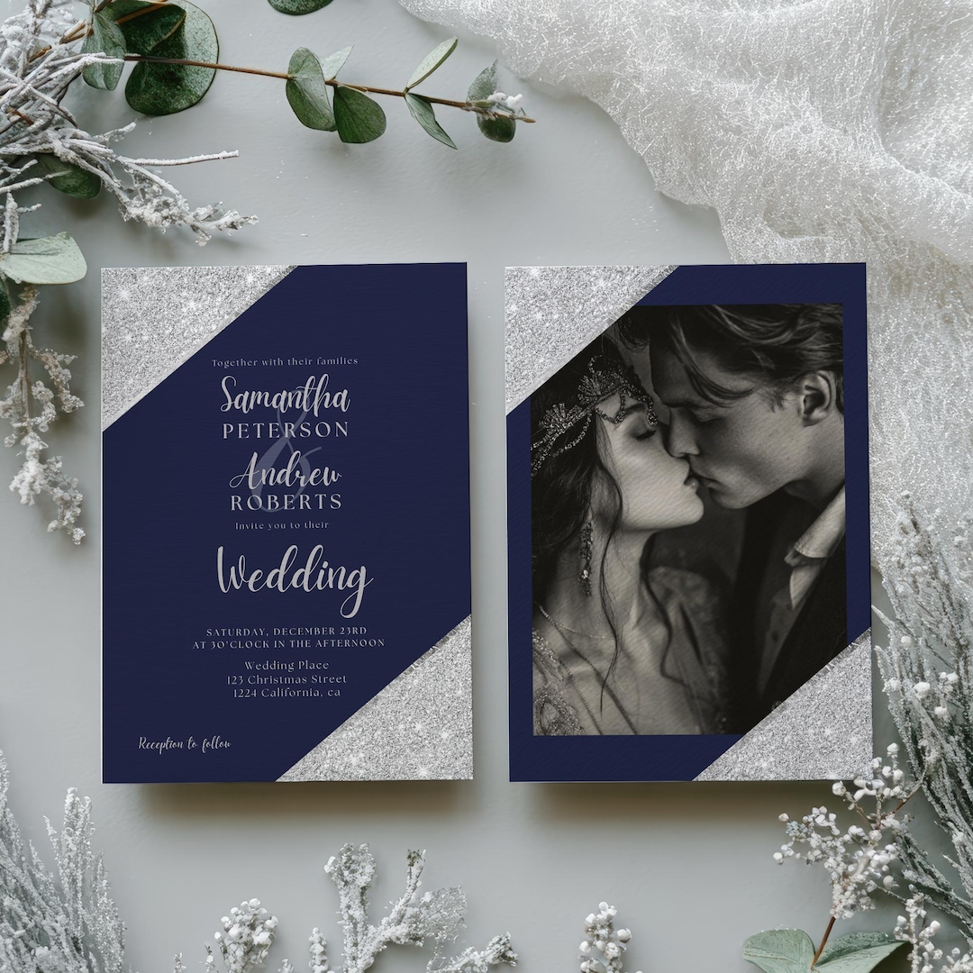 Convite de casamento moderno azul marinho - Opção de foto editável com ...