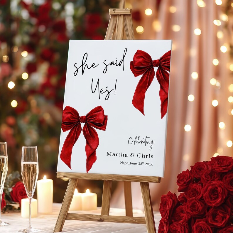 She Said Yes Engagement Party Welcome Sign | Red Velvet Coquette Bow ...