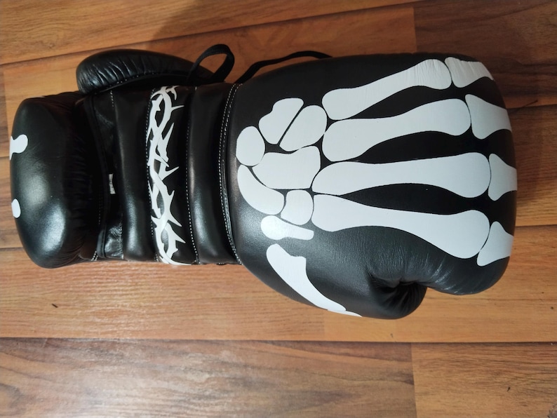 Customized 14 Oz Skeleton Boxing Gloves- Black Color, Cowhide Leather ...