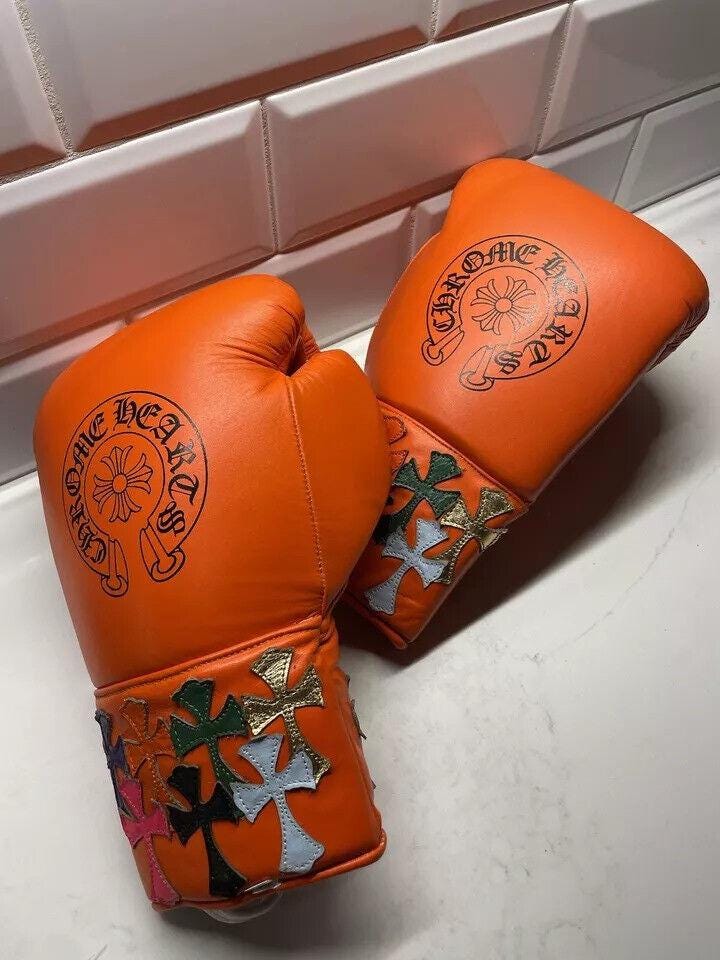 Handmade Orange Leather Boxing 16 Oz Gloves With Chrome Heart Cross ...