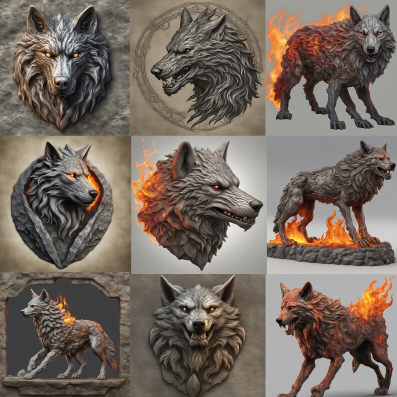Stone Wolf Heads PNG Art Files for Laser and 3D Engraving Patterns, Png ...