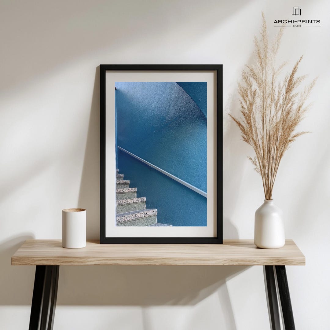 Blue Stairwell Wall Art Print, Minimalist Urban Staircase Photo ...
