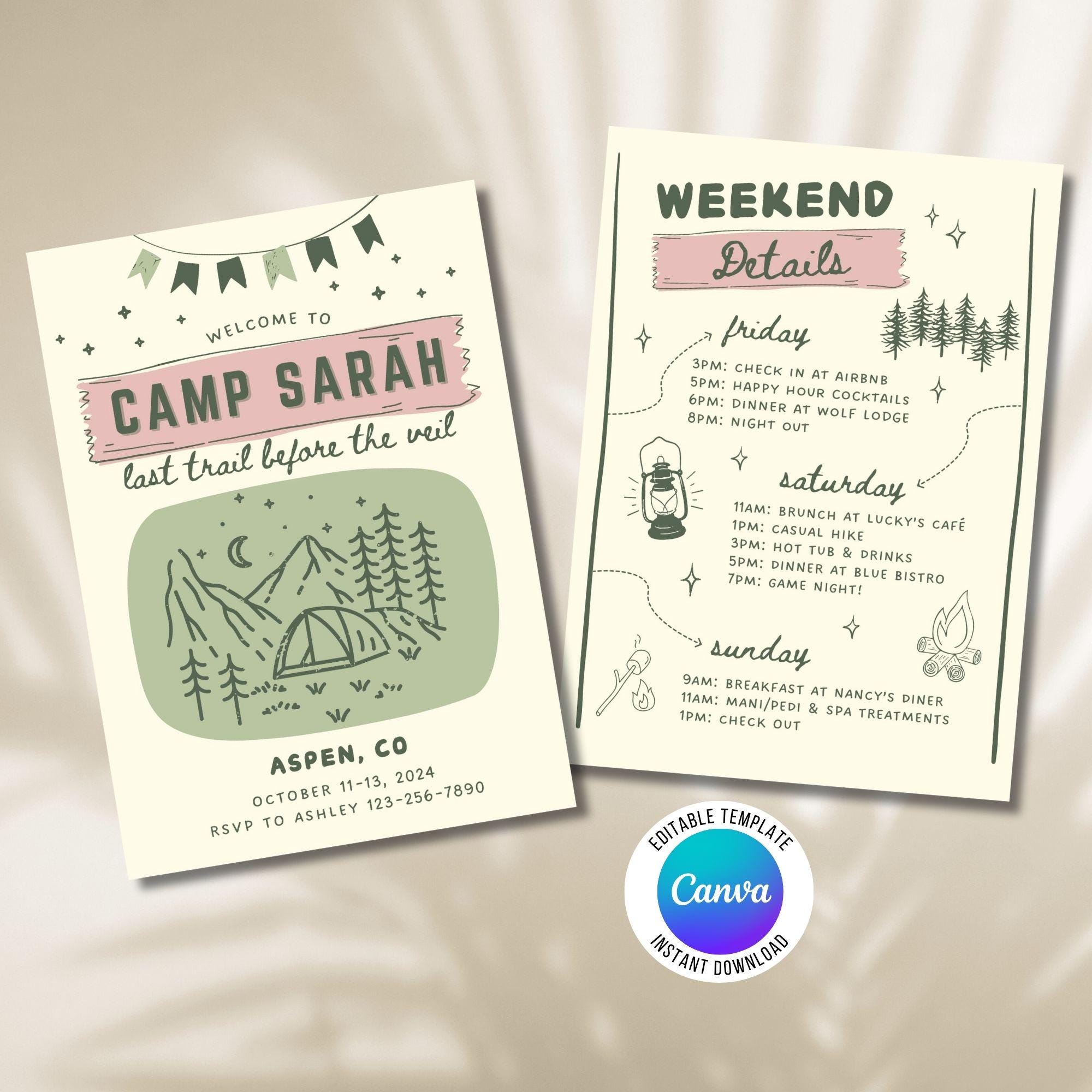 Camp Bachelorette Party Invitation and Itinerary Template Mountain ...