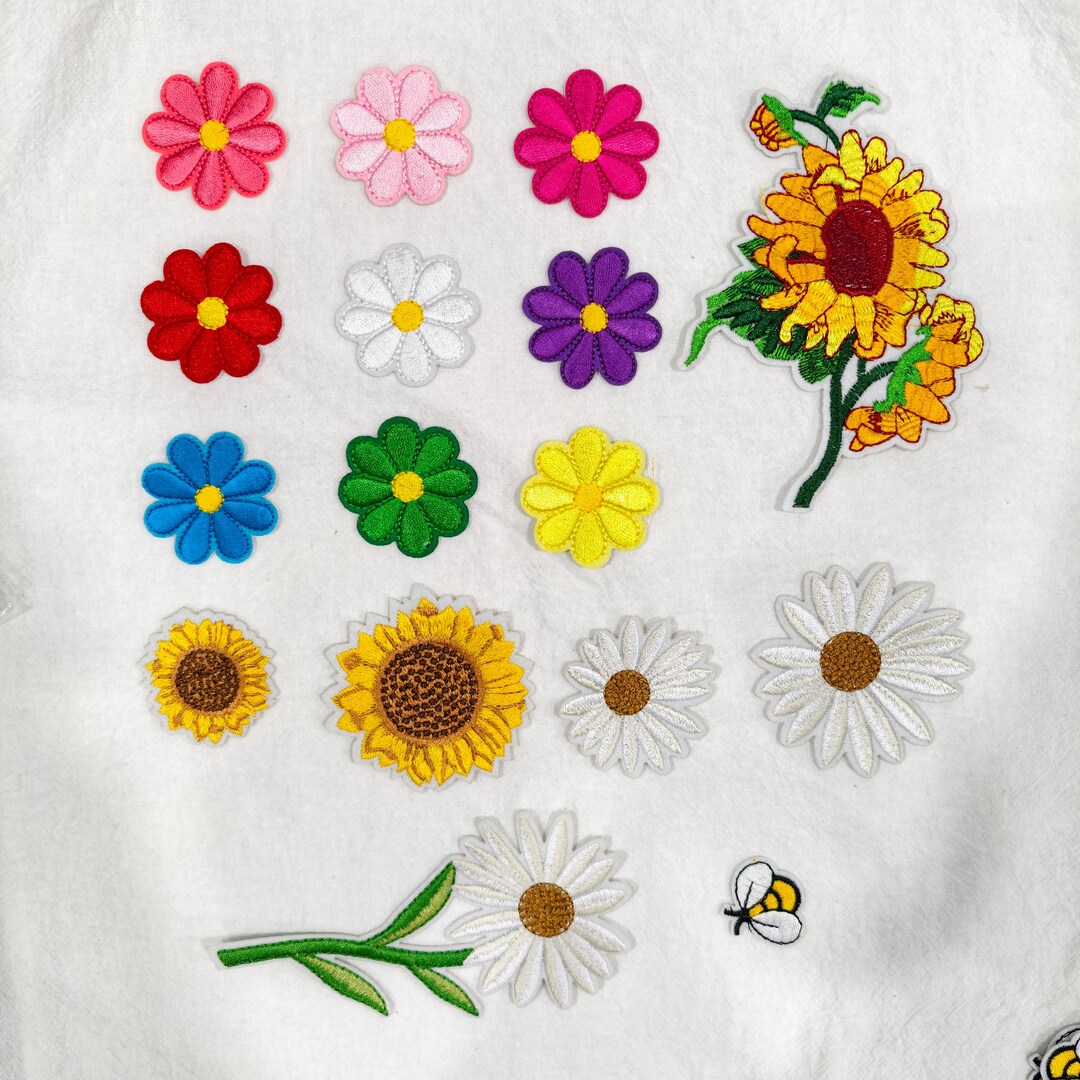 Sunflower and Daisy Iron on Patches – Embroidered Bee and Floral ...