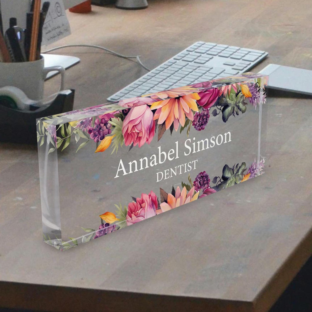 Custom Watercolor Floral Acrylic Desk Name Plate - Etsy