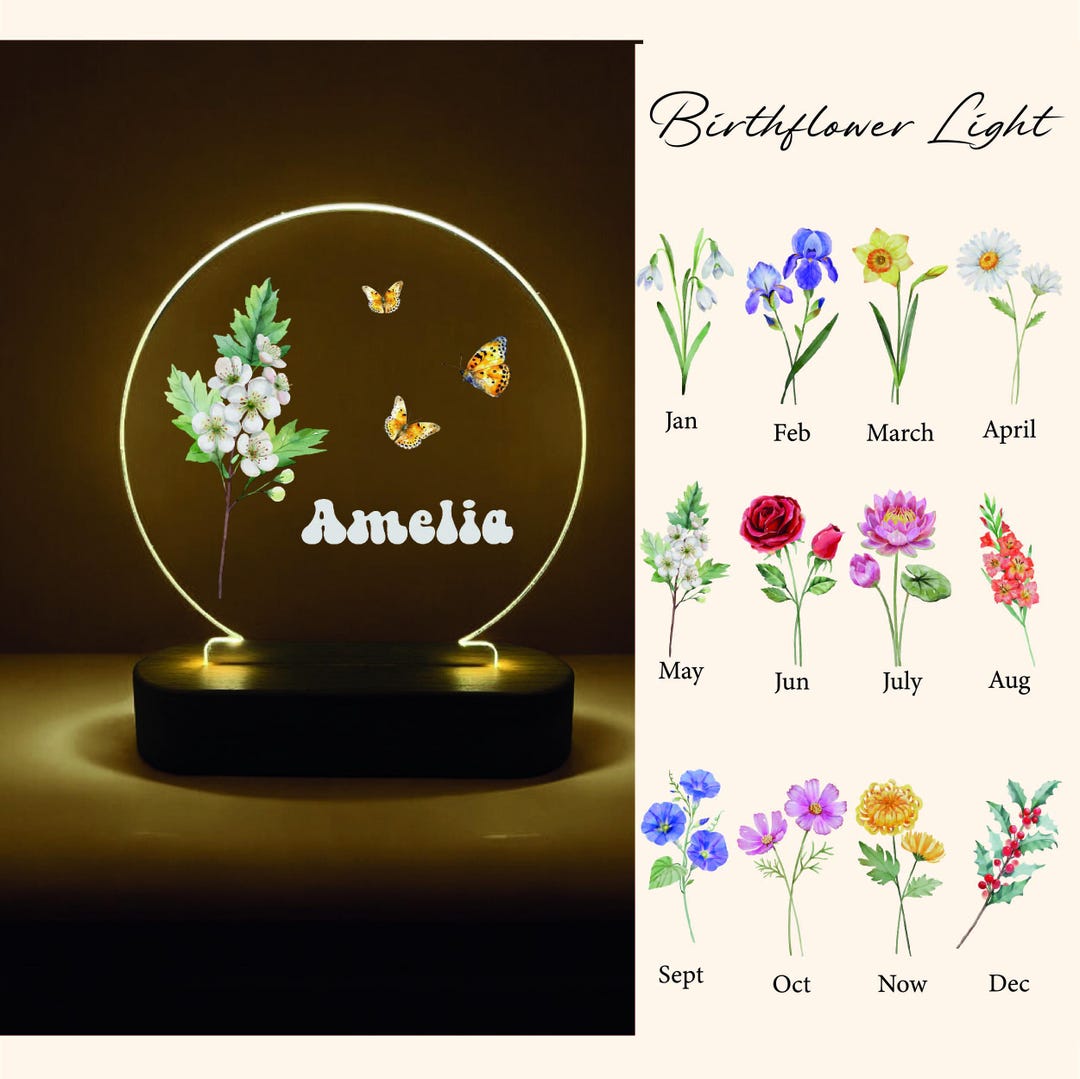 Personalized Birth Month Flower Night Light, Acrylic Night Light ...