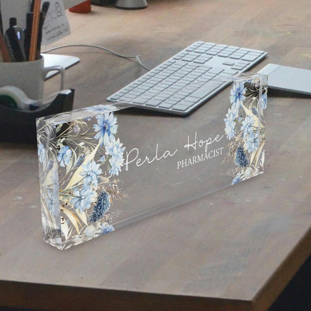 Floral Acrylic Name Block for Desk, Womens Personalized Desk Name Plate ...