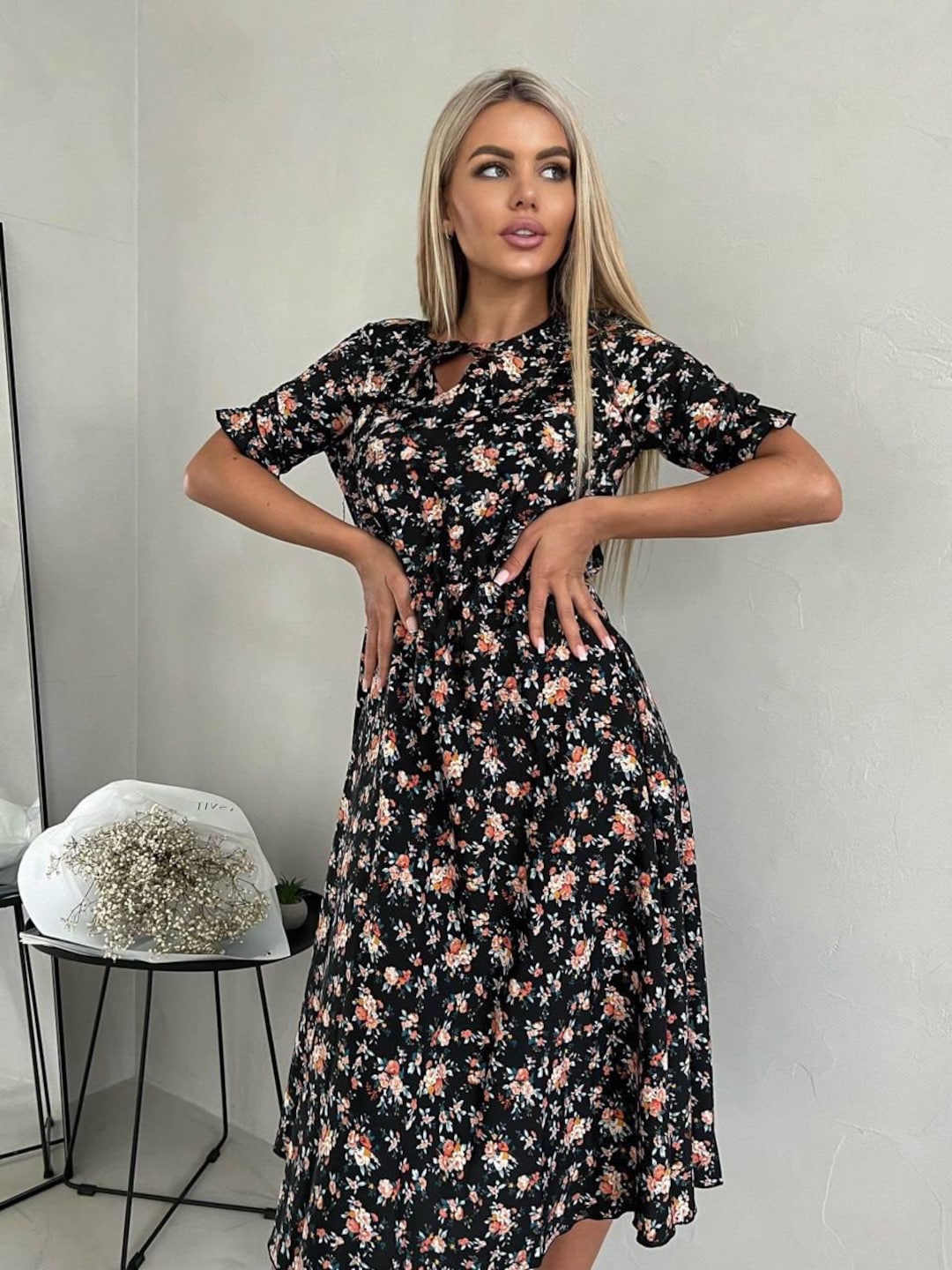 Romantic Black Dress, Fit and Flare Floral Sundress With Short Sleeve ...