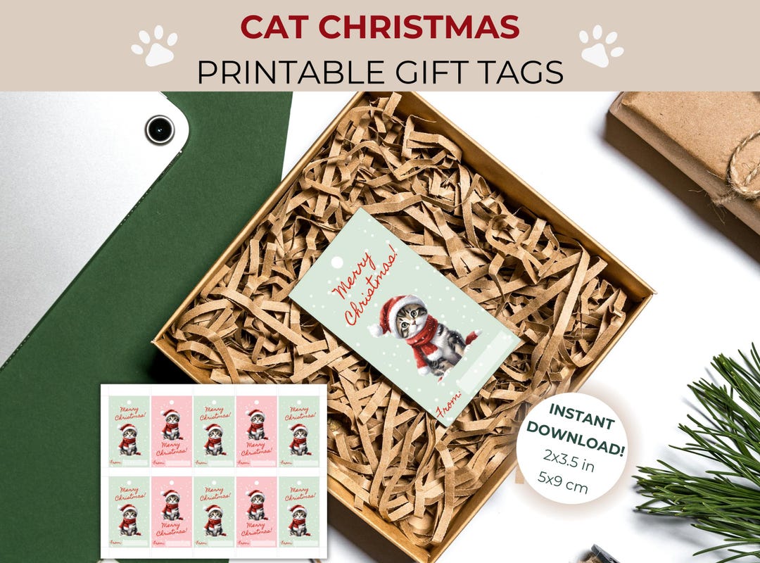 Printable Christmas Cat Gift Tags: Editable Pet Favor Labels (digital ...