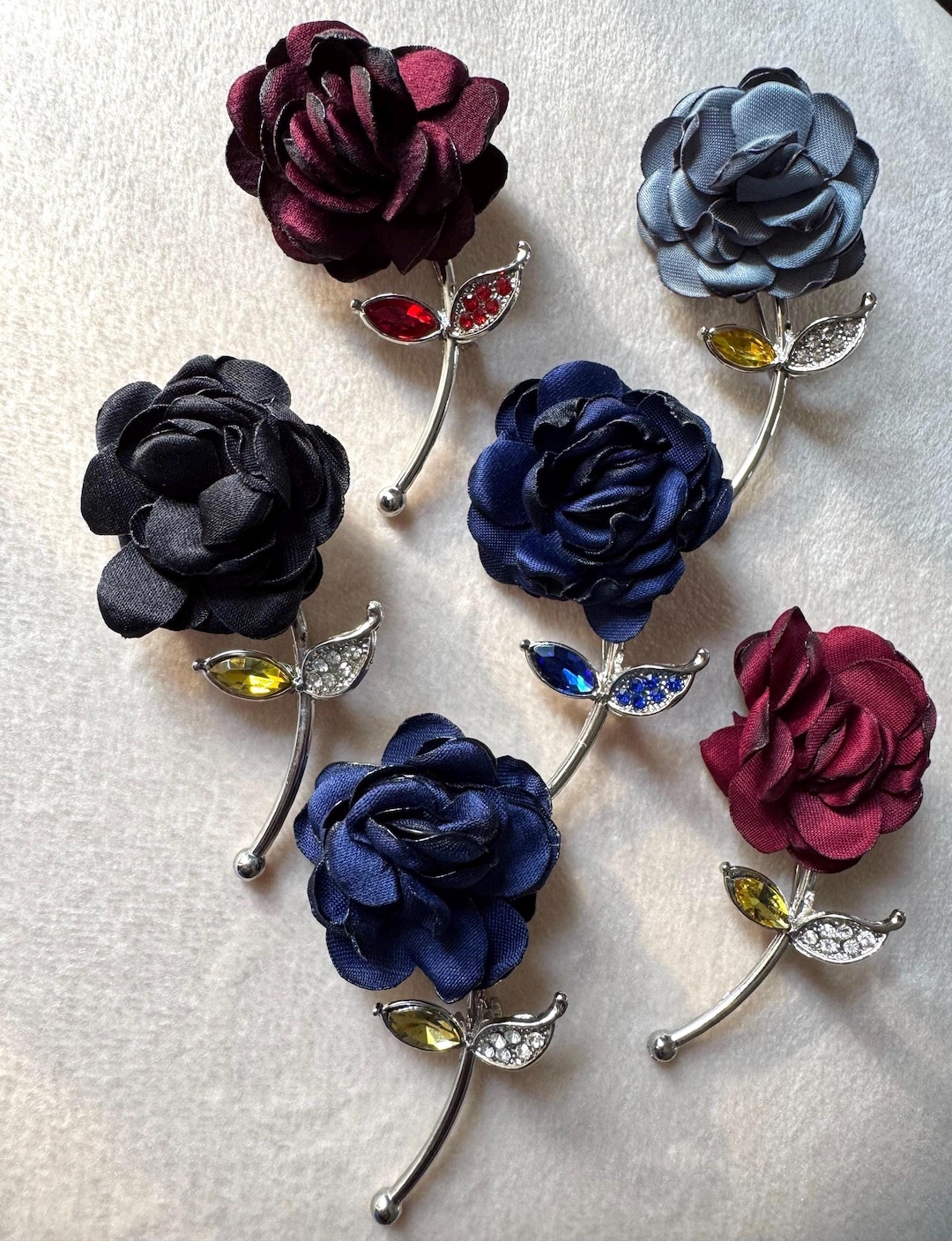 Rose Flower Lapel Pin With Stones for Men, Women, Wedding, Groomsmen ...