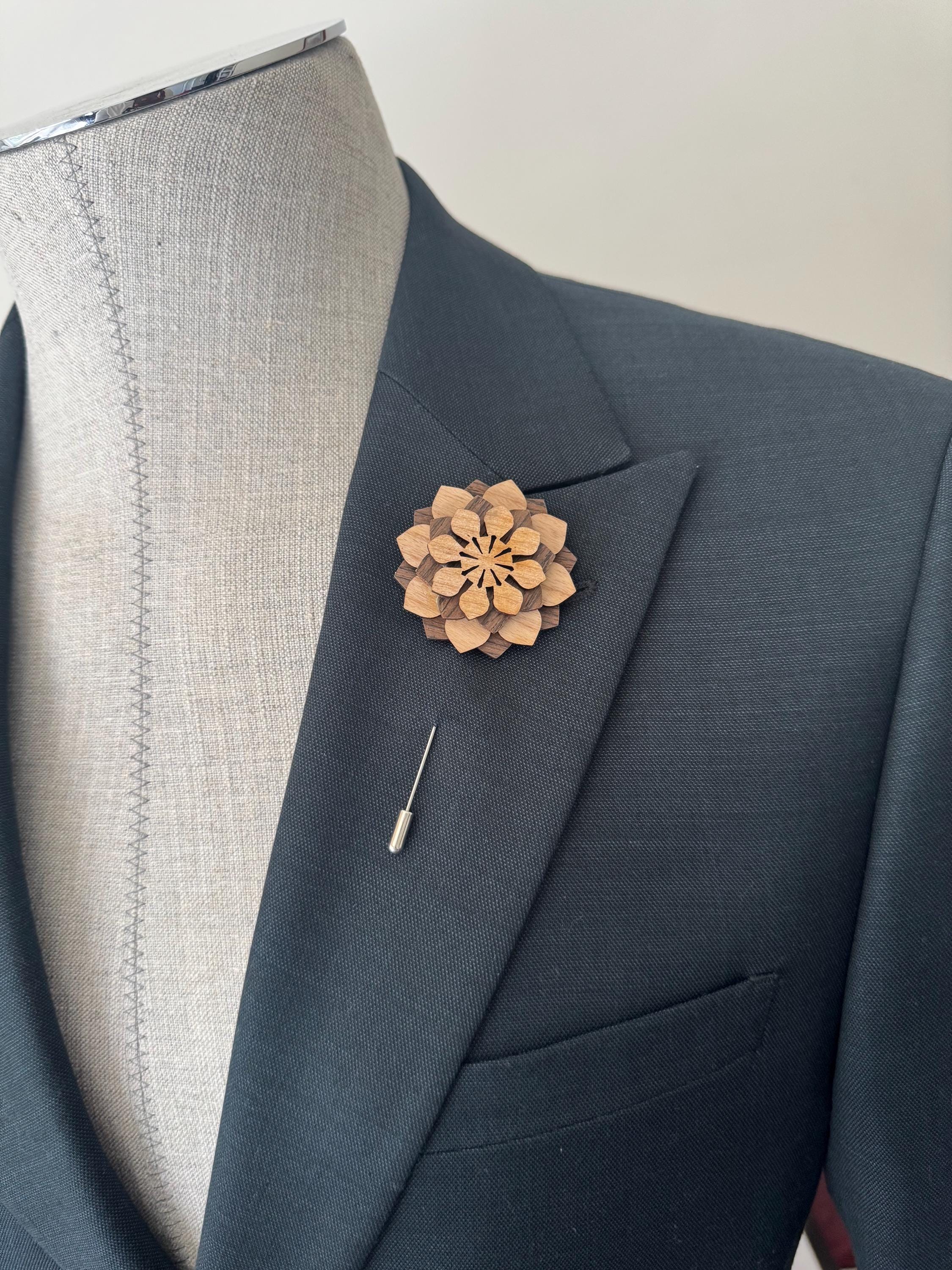 Men Wooden Lapel Flower Pin, Handmade Wood Brooch Pin, Wedding ...