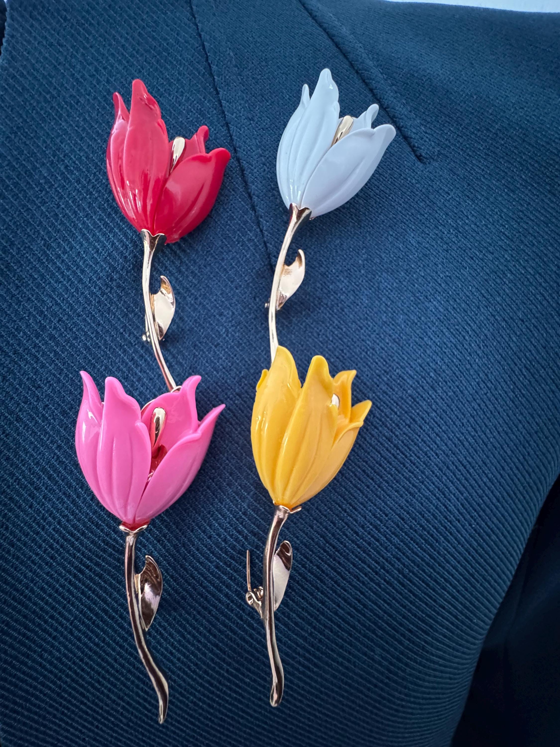 Tulip Flower Brooch Pin, Enamel Floral Brooch, Gold Stem Flower Pin ...
