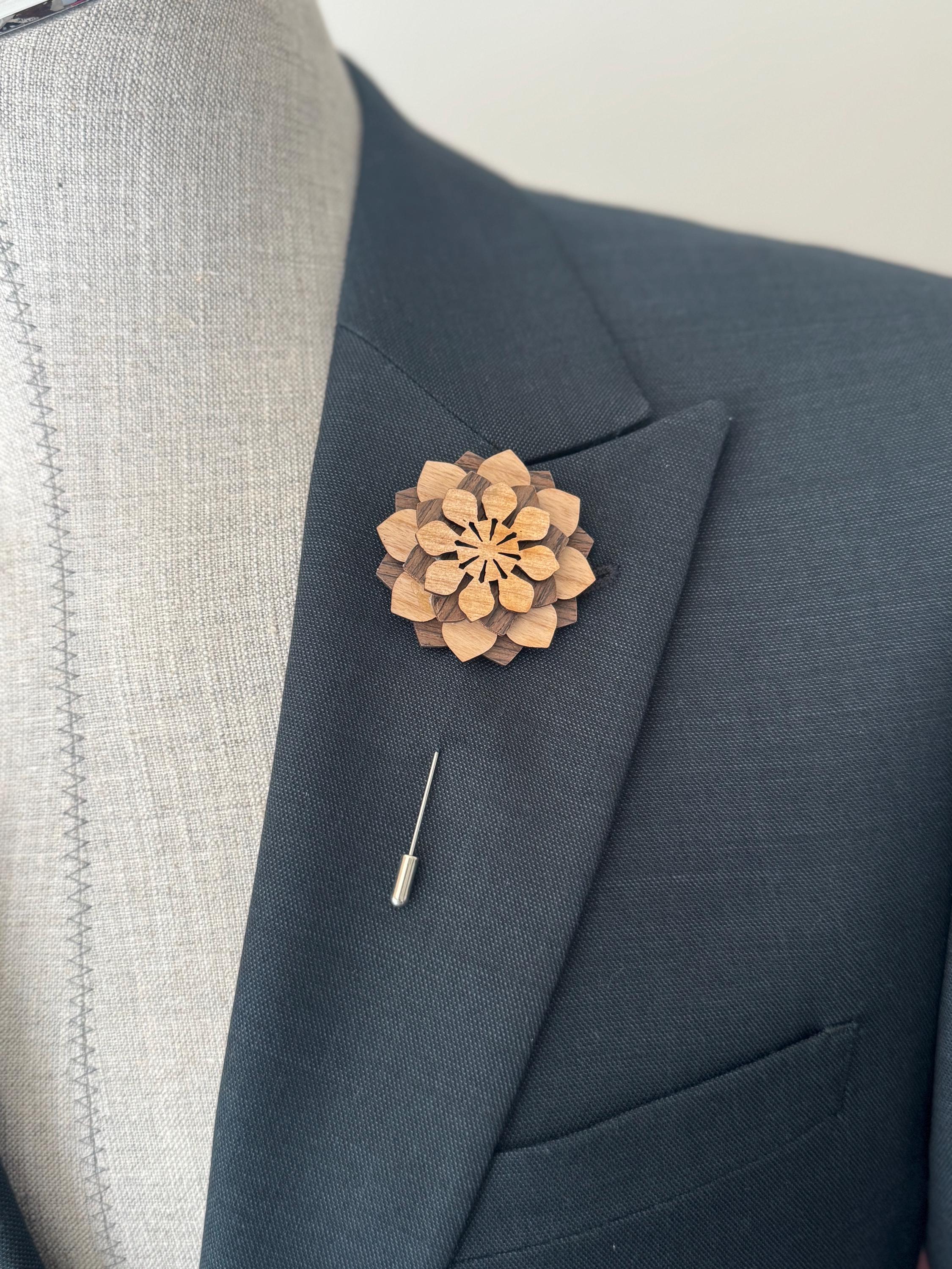 Men Wooden Lapel Flower Pin, Handmade Wood Brooch Pin, Wedding ...