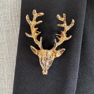 Gold Stag Head Brooch Pin – Men’s Lapel Pin, Deer Antler Pin, Vintage ...