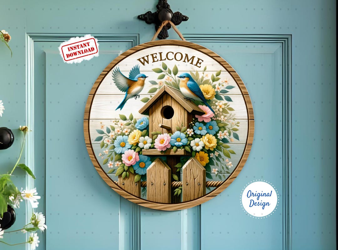Spring Birds Welcome Sign Door Hanger Png Sublimation Design, Floral ...