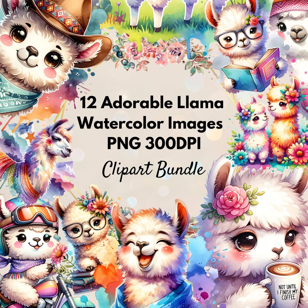 Llama Watercolor Clipart Bundle - 12 PNG Images, Adorable Alpaca ...
