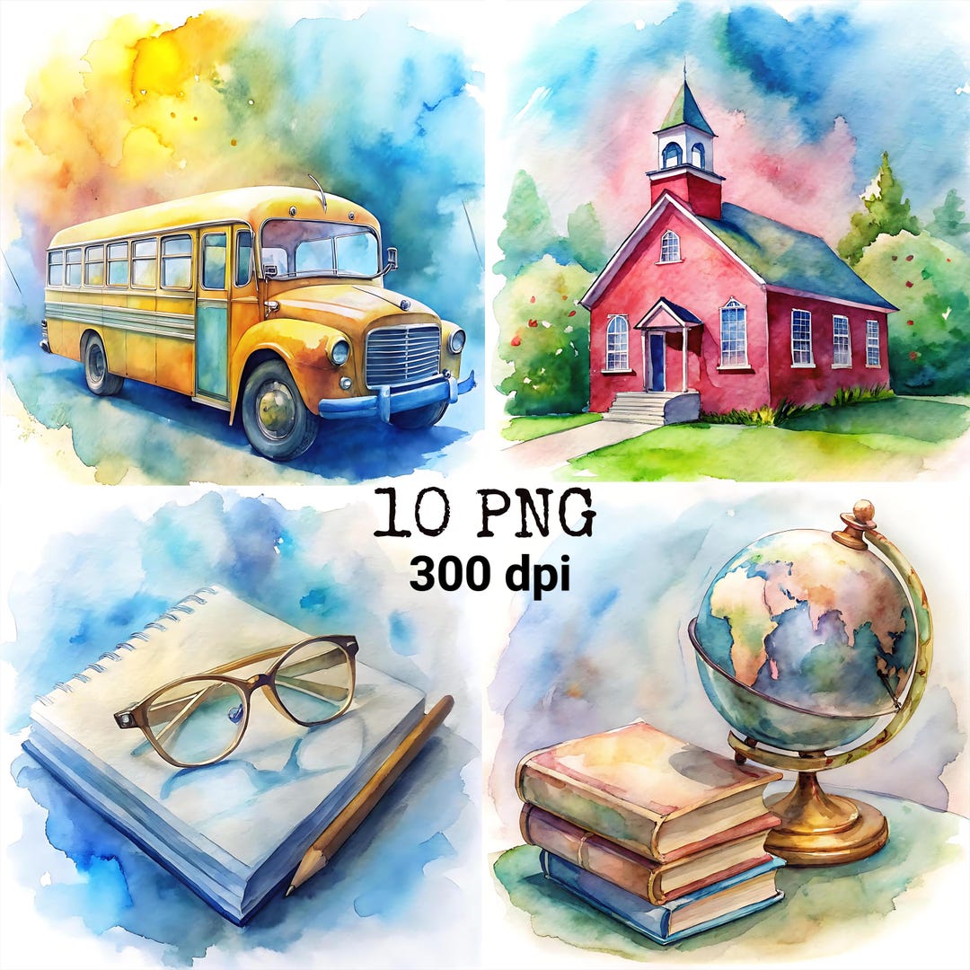 Retro School Clipart Bundle | Hand-drawn Watercolor Vintage School ...