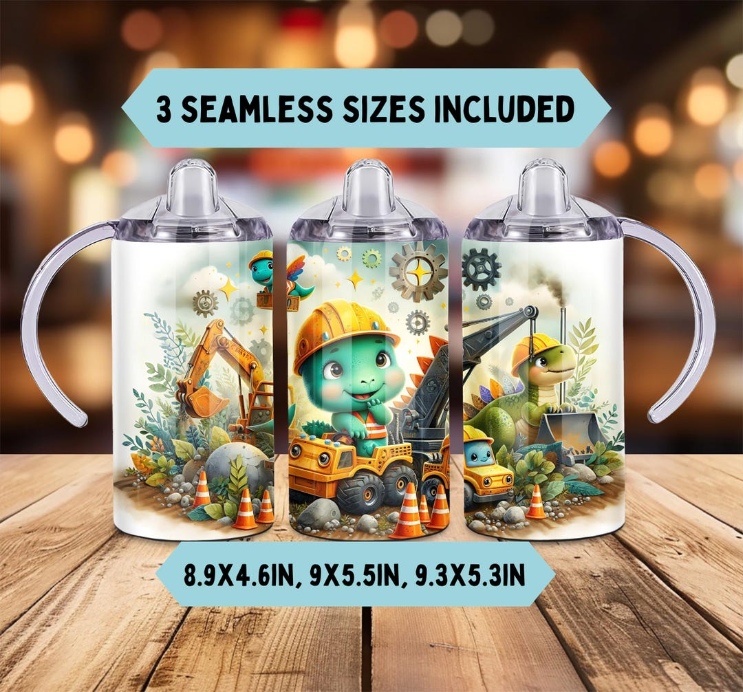 Cartoon 12oz Sippy Cup Png Sublimation Design, Straight Cartoon Dino Construction Trucks Kids ...