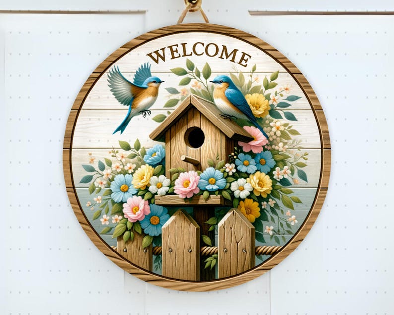 Spring Birds Welcome Sign Door Hanger Png Sublimation Design, Floral ...