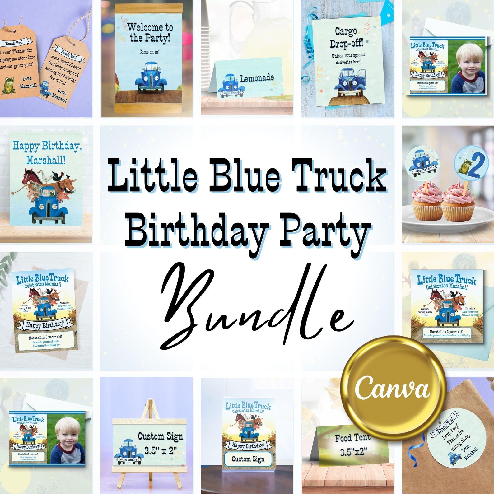 Editable Little Blue Truck Birthday Decoration Thank You Invitation and ...