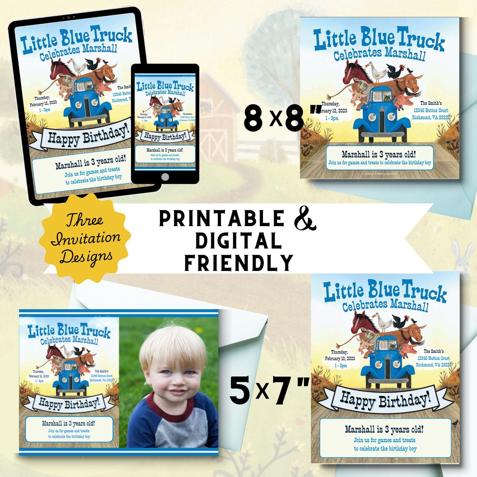 Editable Little Blue Truck Birthday Decoration Thank You Invitation and ...