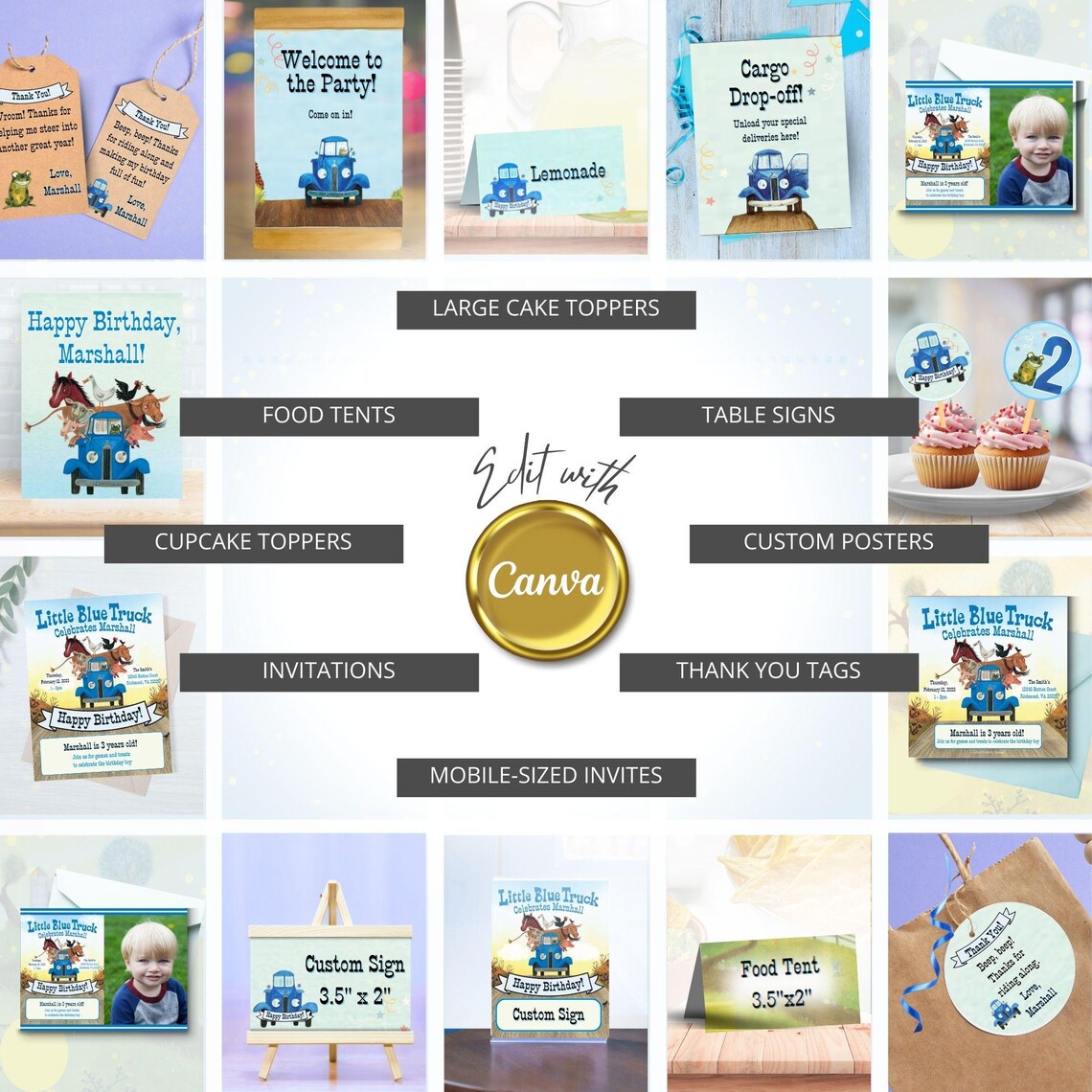 Editable Little Blue Truck Birthday Decoration Thank You Invitation and ...