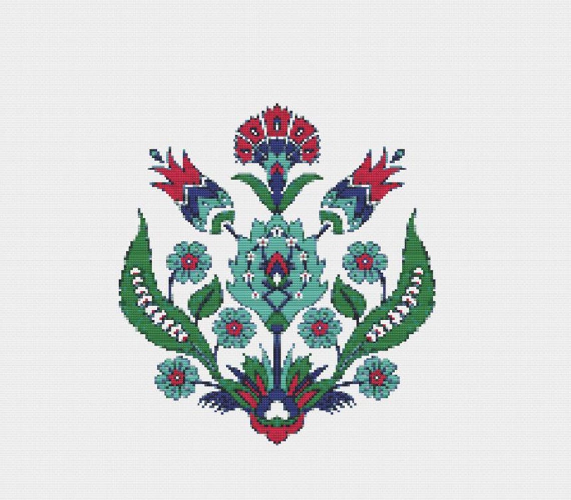 Iznik Floral Cross Stitch Pattern: Turkish Tile Embroidery, DIY Craft ...
