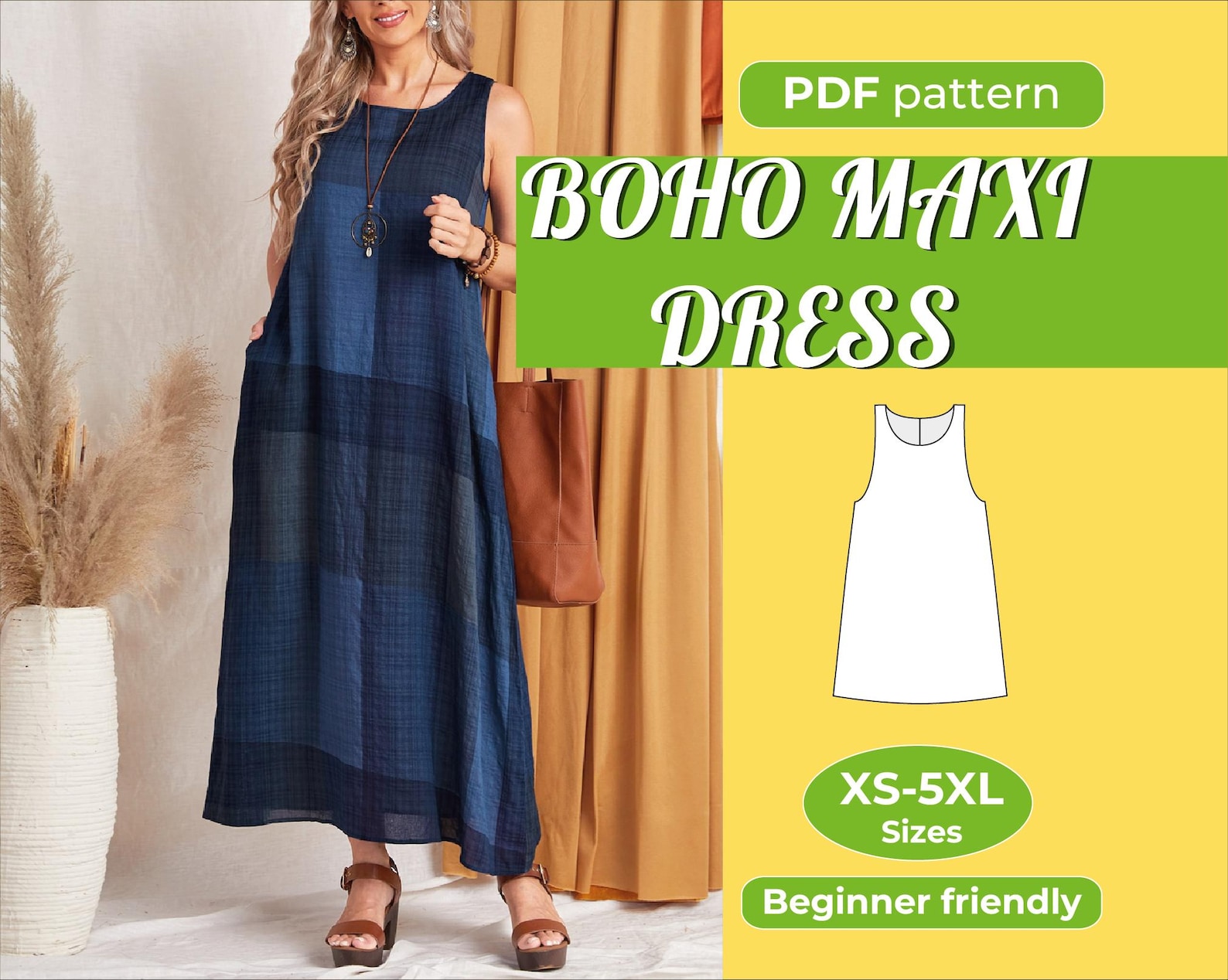Boho Maxi Dress Pattern for Women PDF | XS-XXXXXL | Sleeveless Dress ...