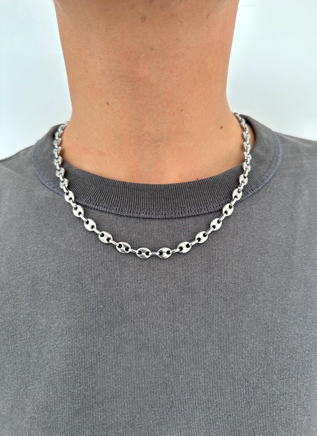 Silver Coffee Bean Chain Stainless Steel Coffee Bean Necklace Men's ...
