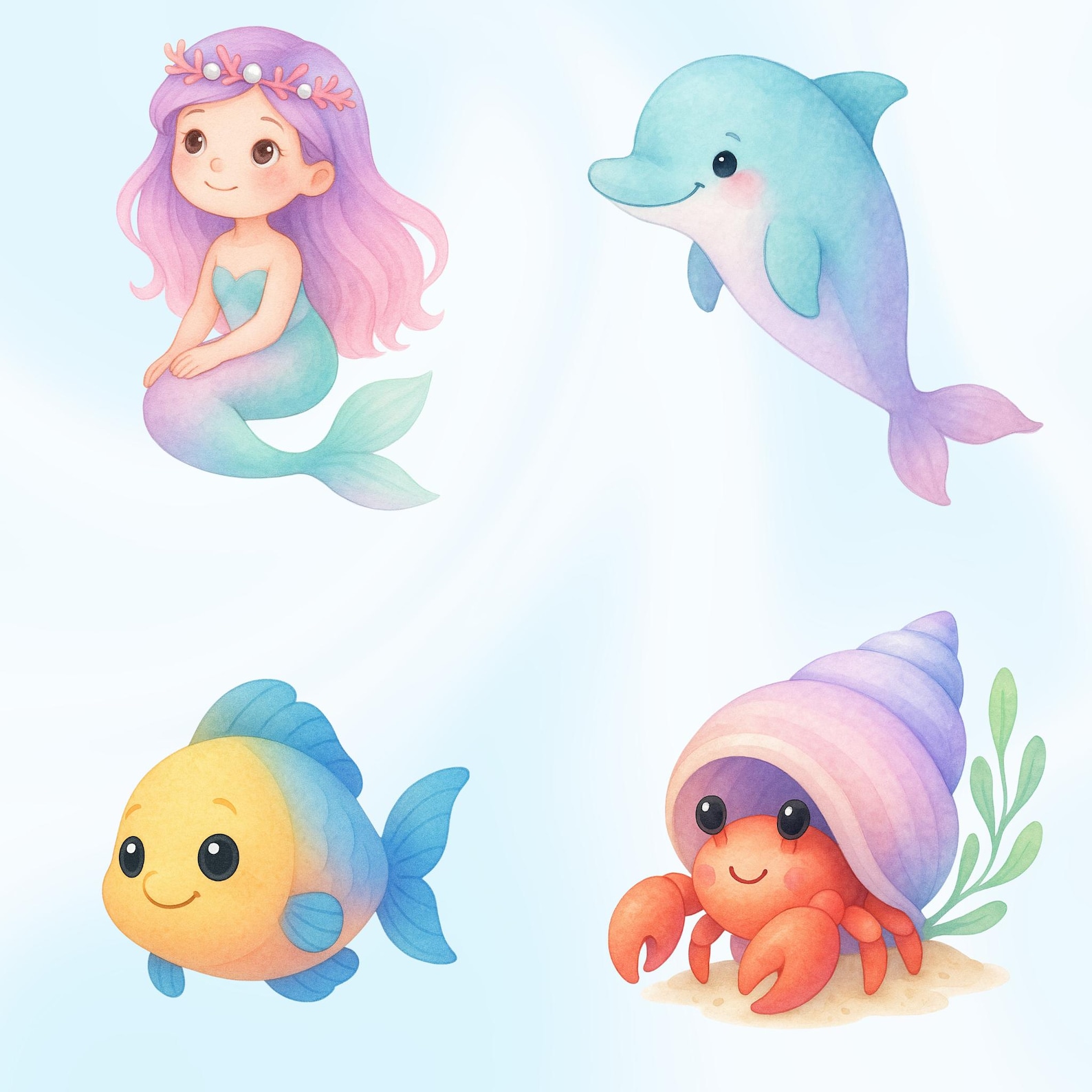 Cute Sea Animals Watercolor Clipart – 45 PNG Ocean Creatures & Elements ...