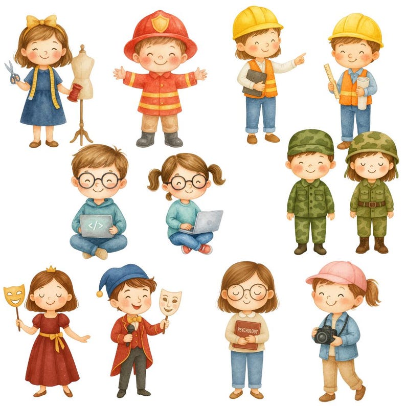 Kids Professions Clipart – 50 Watercolor PNG – Cute Children in Jobs ...