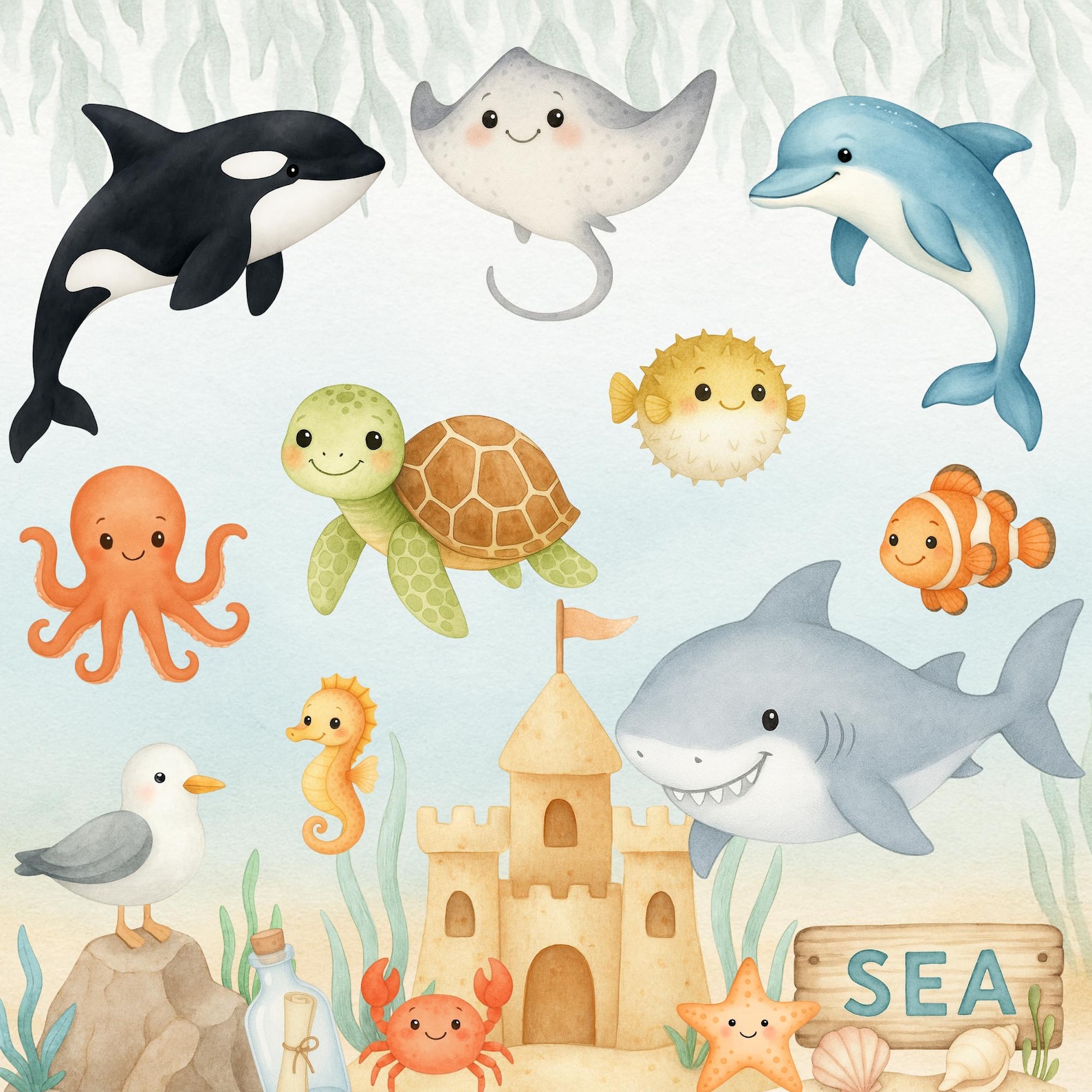 Cute Sea Animals Clipart – 45 Watercolor Ocean Pngs With Marine ...