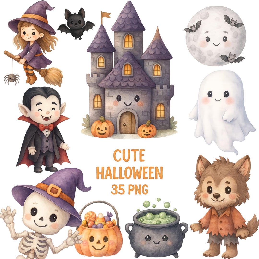 Cute Halloween Clipart Bundle – 35 Watercolor Pngs | Spooky & Sweet ...
