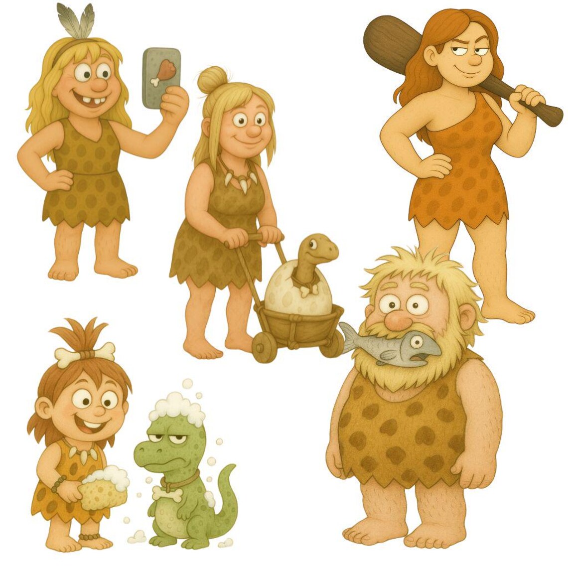 Funny Prehistoric Clipart in Watercolor Style Cavemen Dinosaurs ...