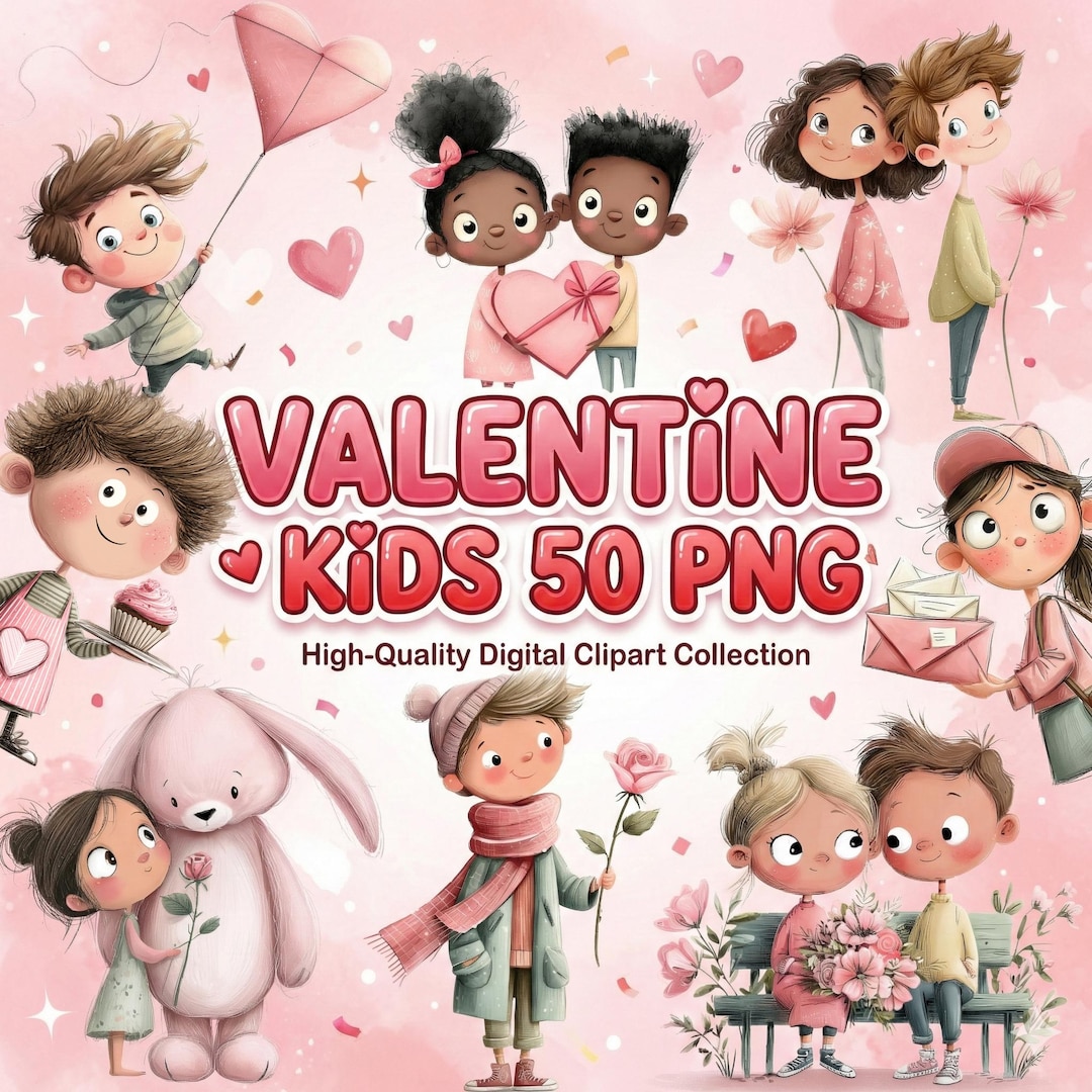 Valentine Kids Clipart Bundle – 50 Cute Watercolor Boys & Girls PNG ...