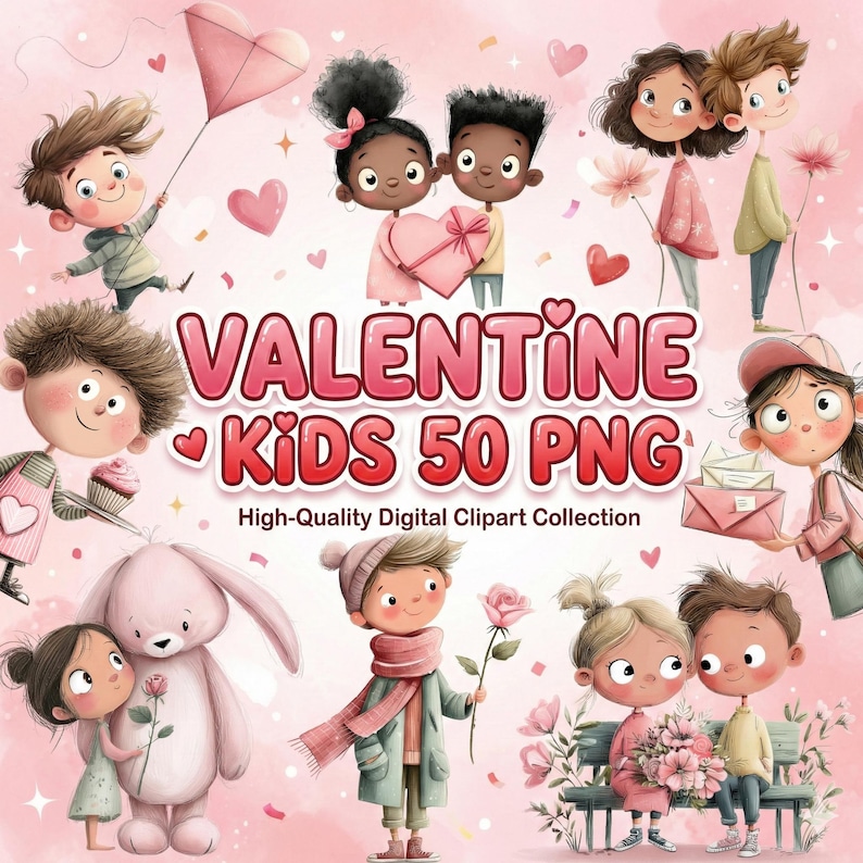 Valentine Kids Clipart Bundle – 50 Cute Watercolor Boys & Girls PNG ...