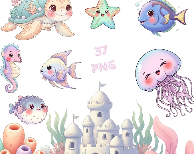 Watercolor Sea Animals Nursery Marine Life Clipart PNG Sealife Clipart ...