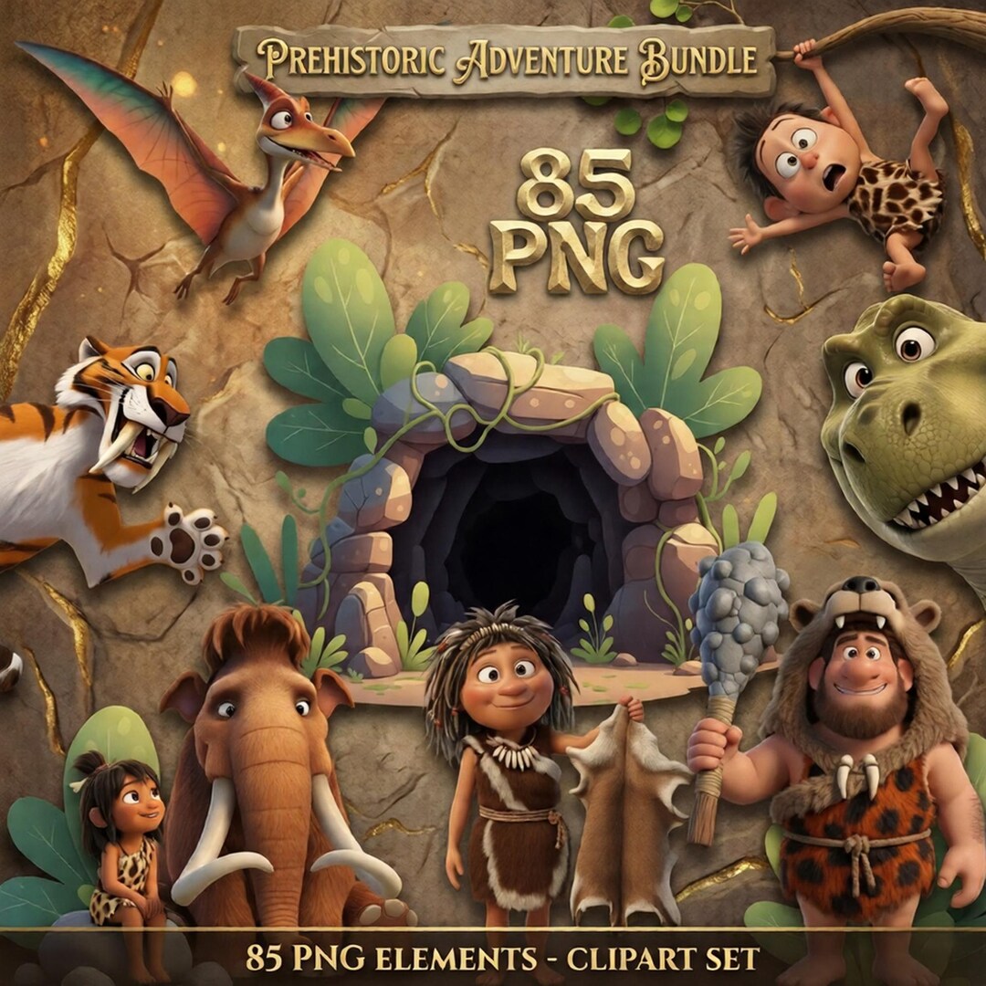 Prehistoric Clipart Bundle – 85 Cavemen & Dinosaurs Pngs, Cute Stone ...