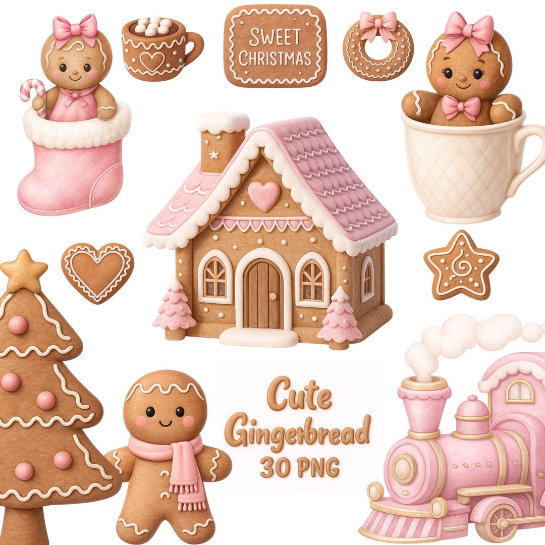 Cute Gingerbread Clipart 30 PNG | Pink Christmas Cookies | Sweet ...