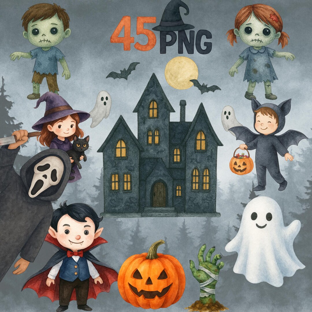 Halloween Watercolor Clipart Bundle – 45 PNG | Cute & Spooky ...