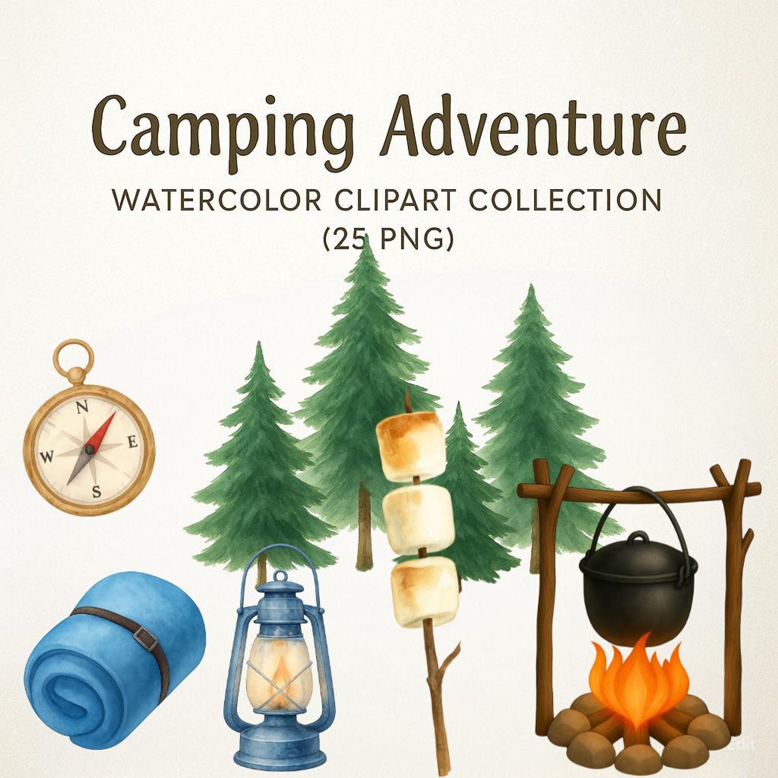 Camping Watercolor Clipart – 25 PNG Forest Camping Elements, Tent ...