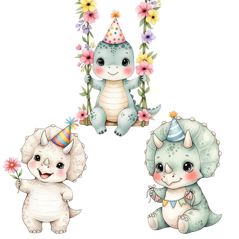 Cute Dinosaurs Birthday Clipart – 45 Adorable Party Pngs, Watercolor ...