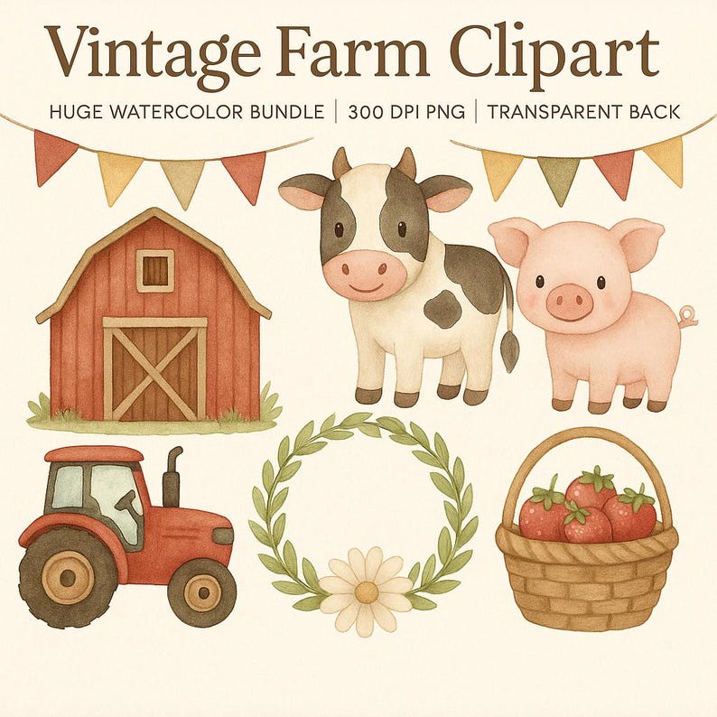 Farm Watercolor Clipart Bundle – 50 Cute Animals, Barn, Tractor ...