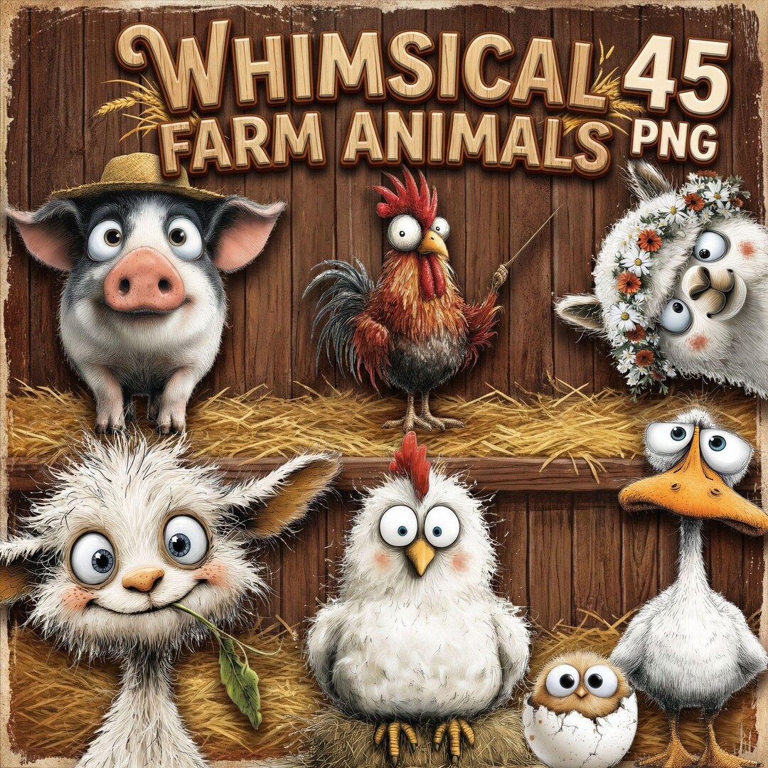 Whimsical Farm Animals Clipart Bundle – 45 Cute Farm Animal PNG ...