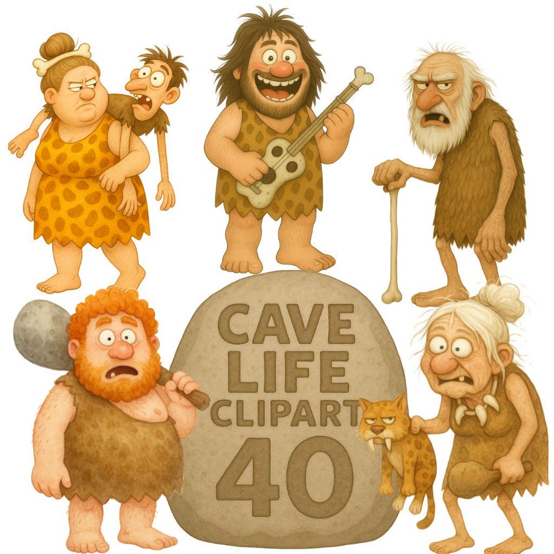Funny Prehistoric Clipart in Watercolor Style Cavemen Dinosaurs ...