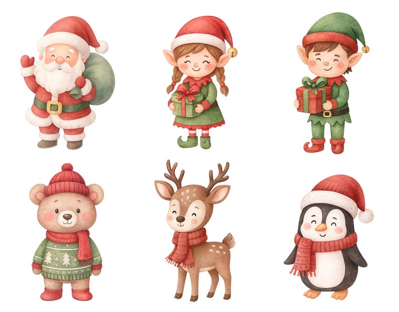Cute Watercolor Christmas Clipart- 50 PNG, Santa, Reindeer, Snowman ...