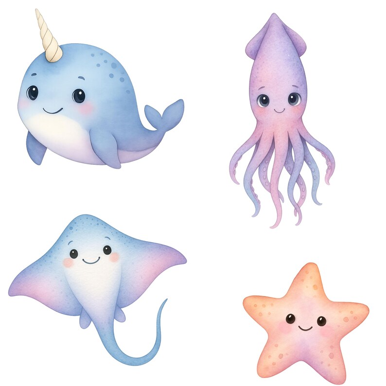 Cute Sea Animals Watercolor Clipart – 40 PNG Ocean Creatures & Elements ...