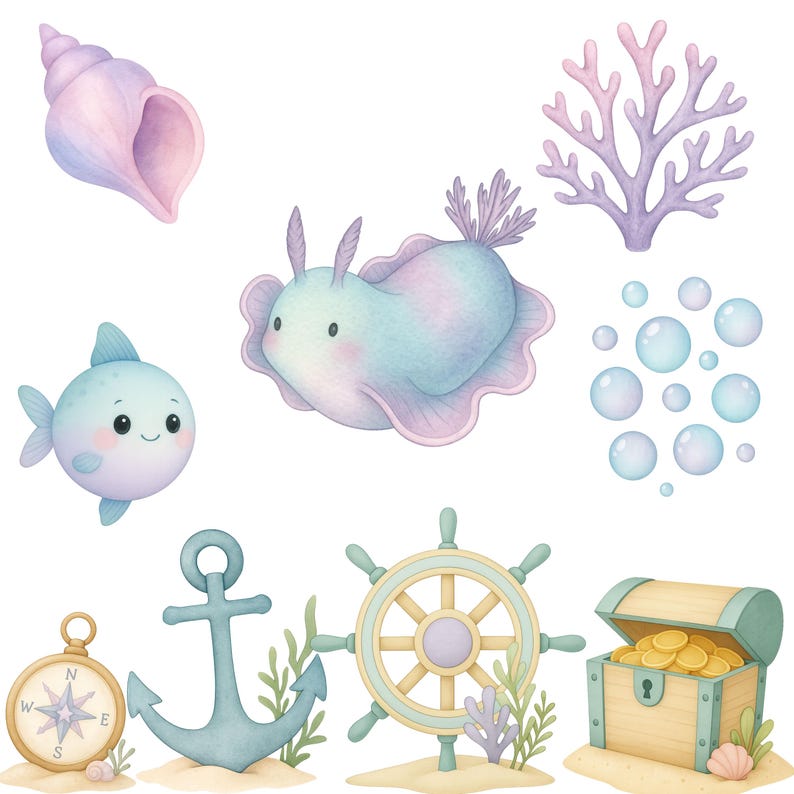 Cute Sea Animals Watercolor Clipart – 40 PNG Ocean Creatures & Elements ...
