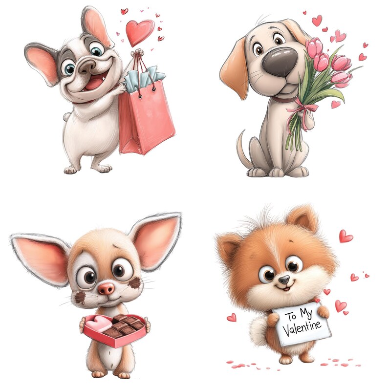 Valentine Dogs Clipart Bundle – 60 Watercolor Puppies PNG, Hearts, Love ...