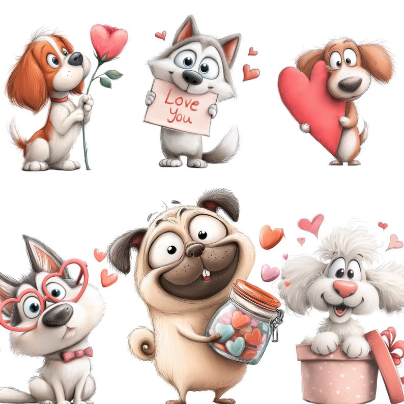 Valentine Dogs Clipart Bundle – 60 Watercolor Puppies PNG, Hearts, Love ...